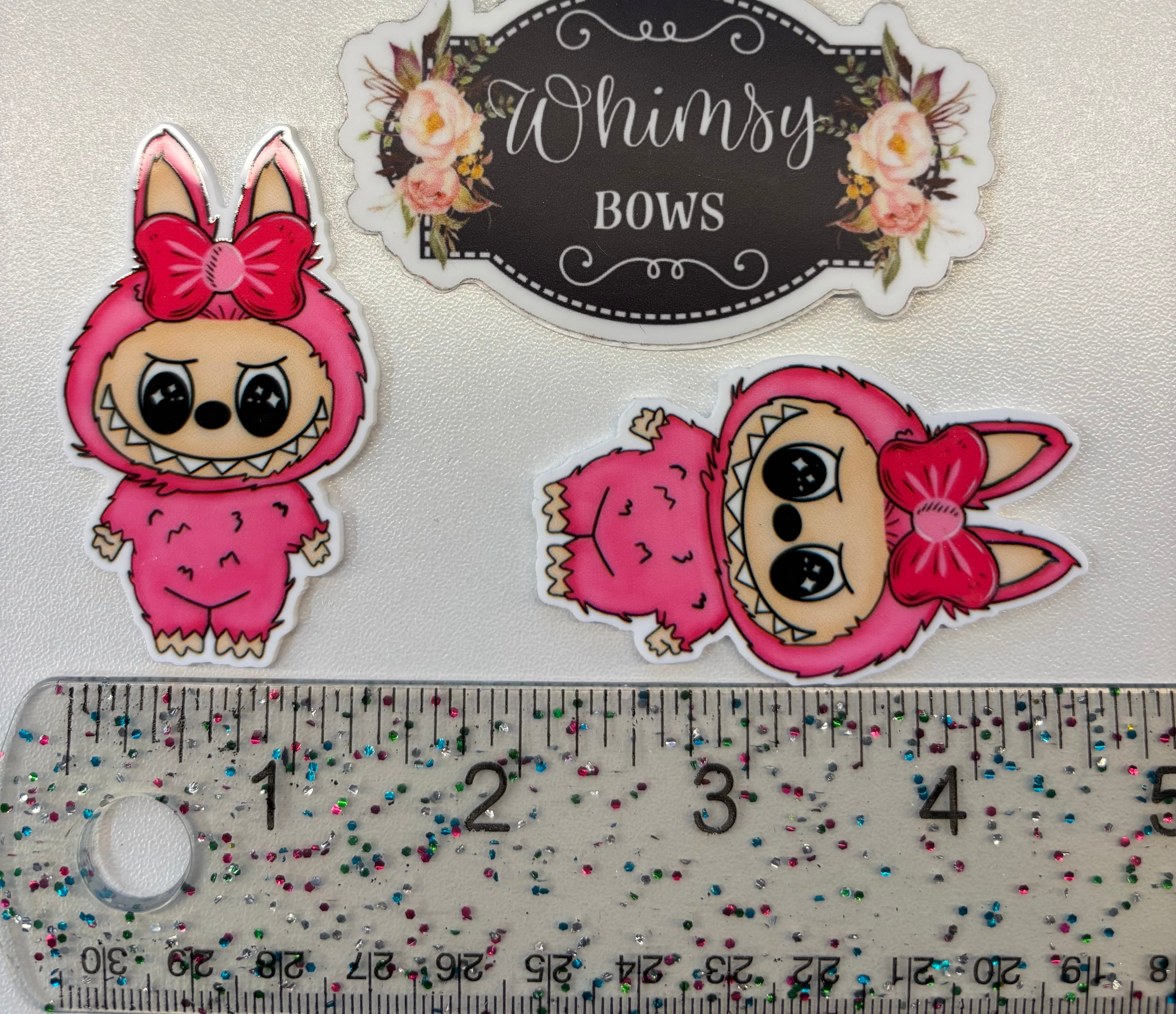 PINK LABUBU W PINK BOW LARGE RESIN – Whimsy Ribbons and Bows